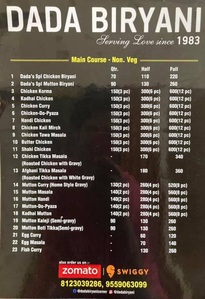 Menu at Dada Biryani Corner, Lucknow, Utrathia