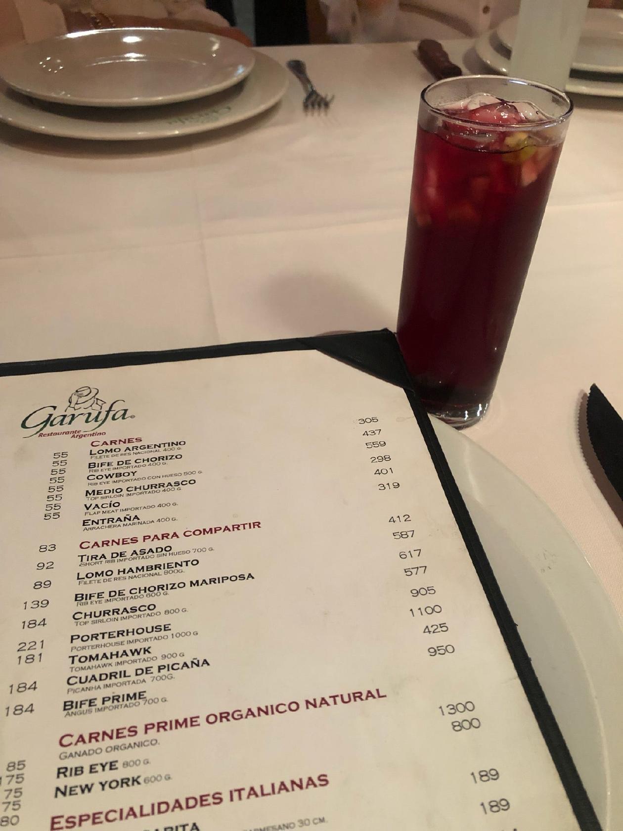 Menu at Garufa steakhouse, Guadalupe, José López Portillo 226