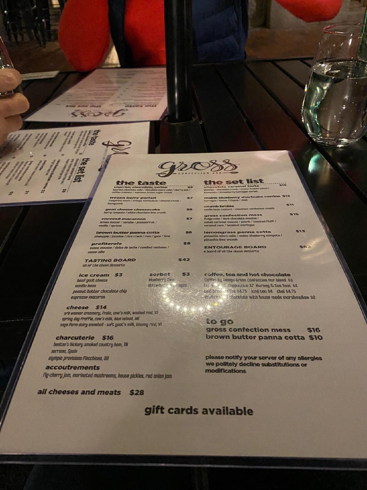 Menu at Gross Confection Bar, Portland, 172 Middle St