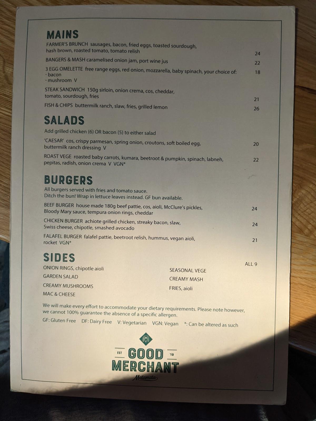 Menu at Merchant of Matamata restaurant, Matamata