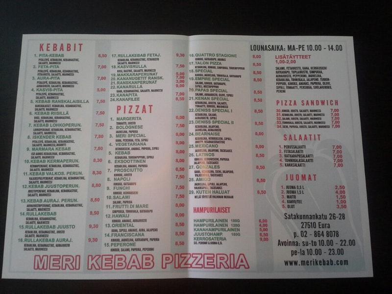 Menu at Meri Kebab Pizzeria Eura, Finland, Satakunnankatu 26