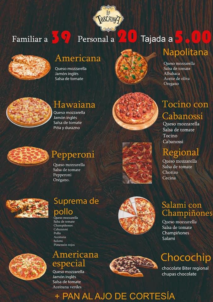 Menu at Pizzería La Toscana, Peru