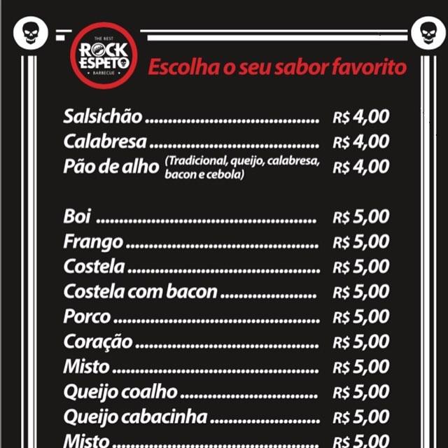 Menu at Rock Espeto, Vitoria