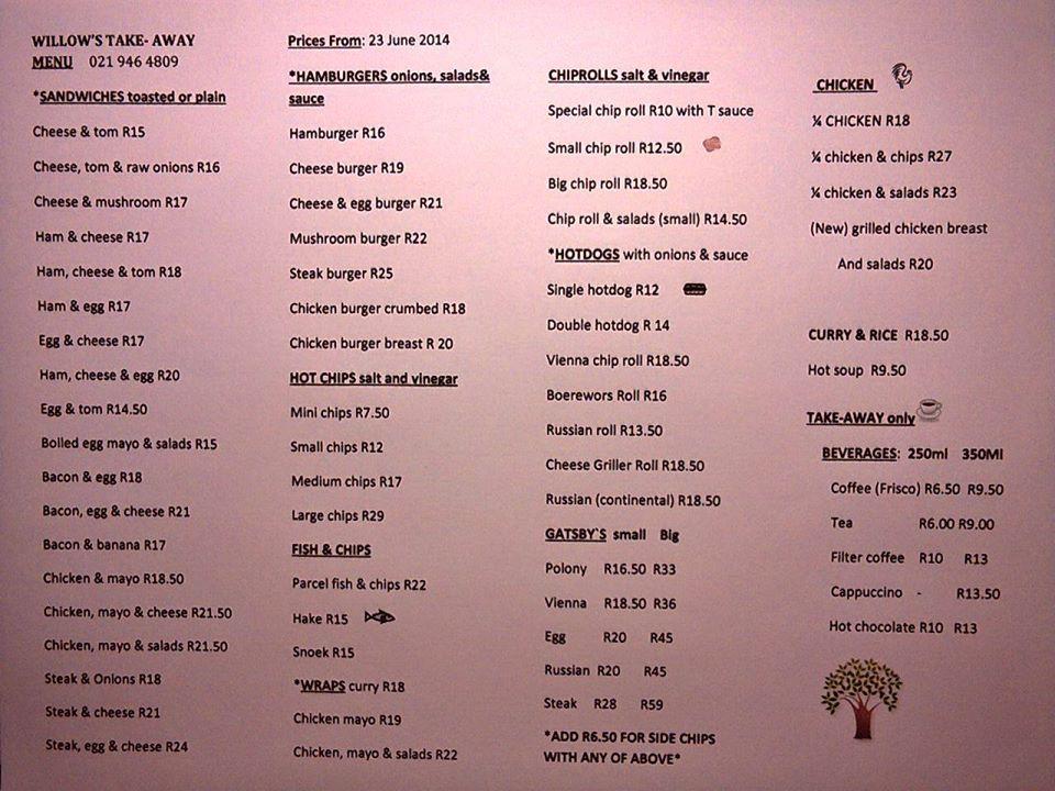 Menu at Willow's Take Aways restaurant, Cape Town