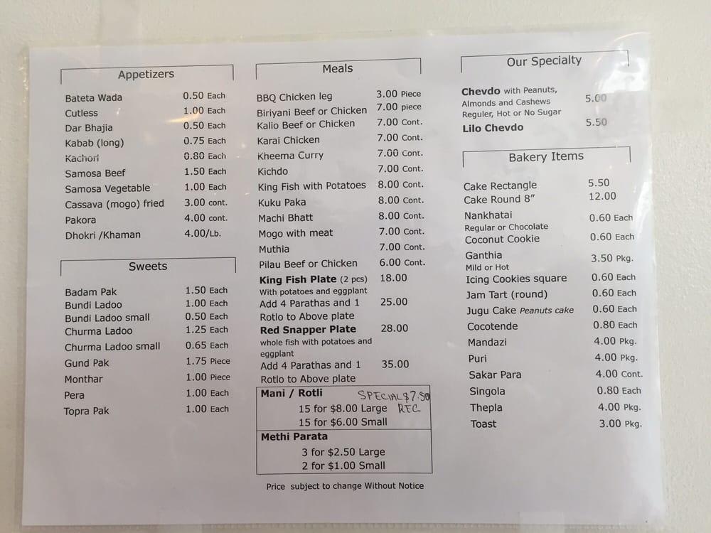 Menu at Zain's Bakery, Toronto