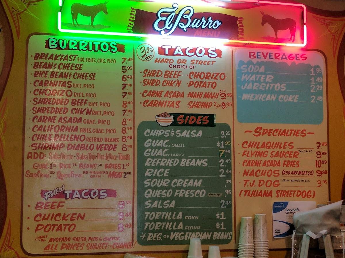 Menu at El Burro Uno restaurant, Pittsburgh, Federal St