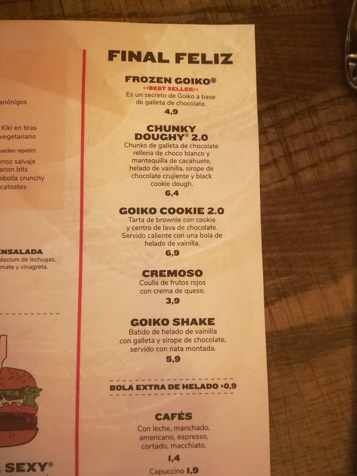 Carta del restaurante Goiko, Las Rozas del Madrid