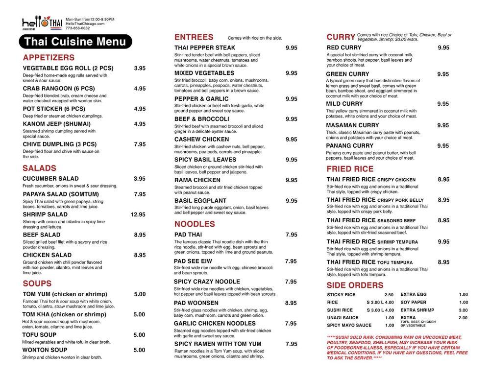 Menu at Hello Thai restaurant, Chicago