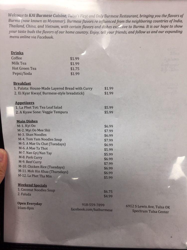 Menu at KAI Burmese Cuisine restaurant, Tulsa