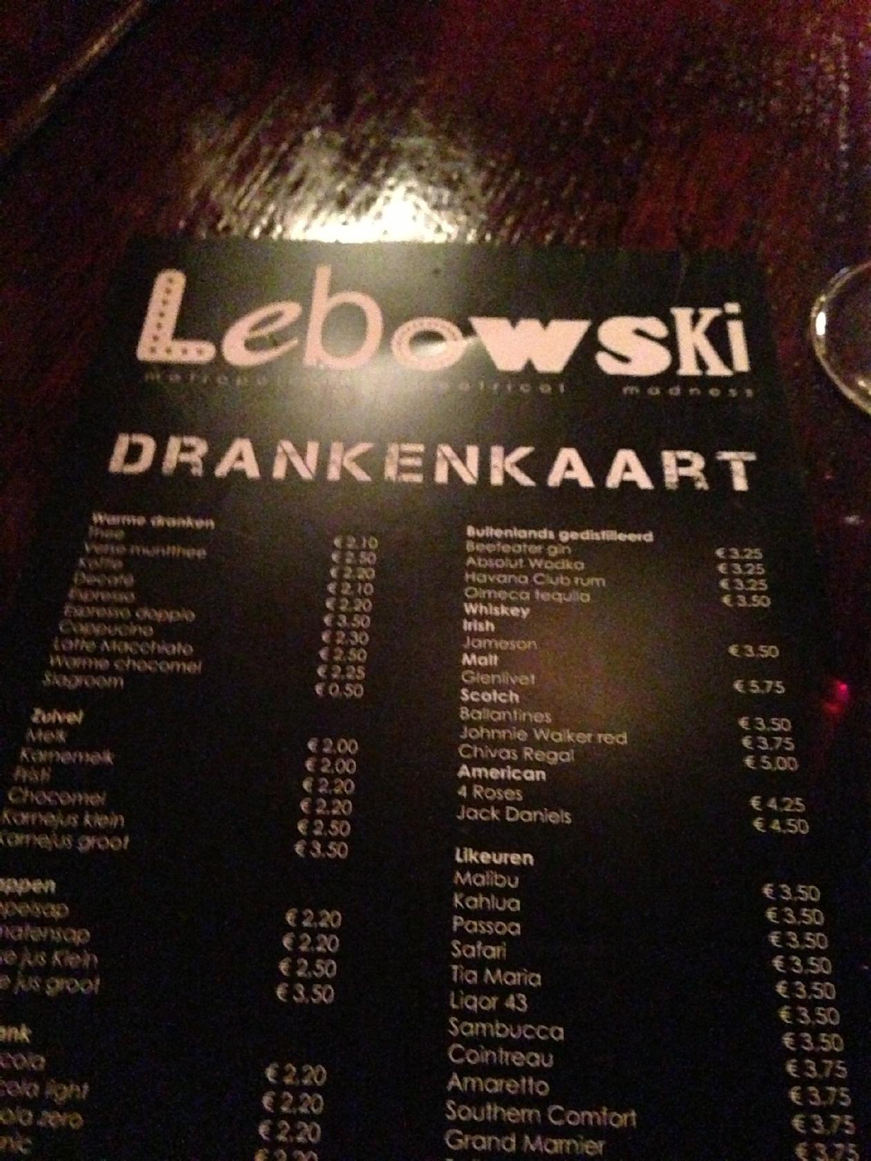 Menu at Lebowski, Utrecht
