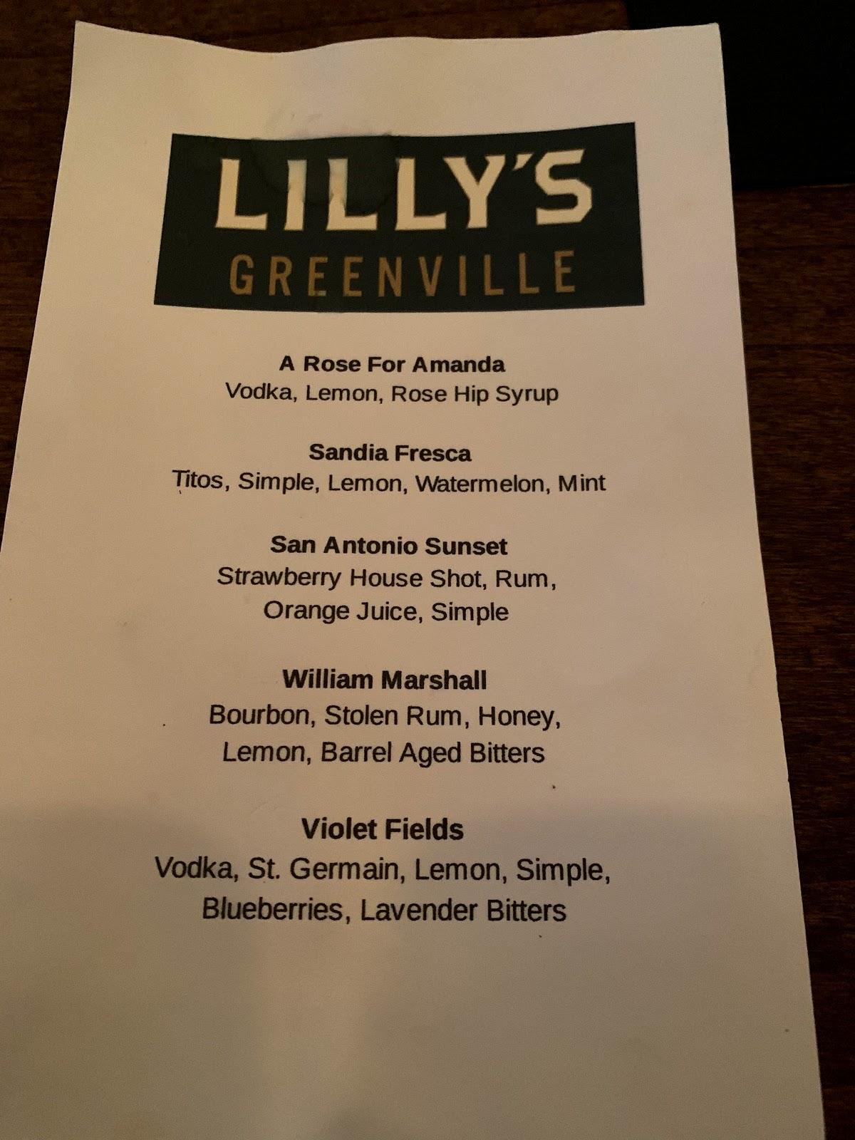 Menu at Lilly’s Greenville pub & bar, San Antonio