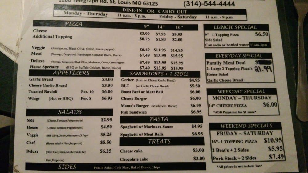 Menu at Mama Mel's Pizzeria, Lemay