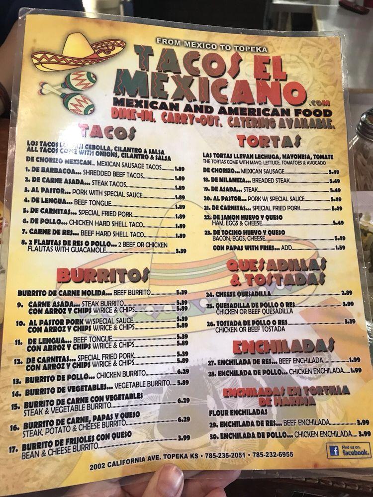Menu at Tacos El Mexicano restaurant, Topeka