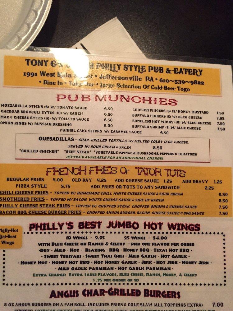 Menu at Tony G's South Philly Style Pub and Eatery, West Norriton