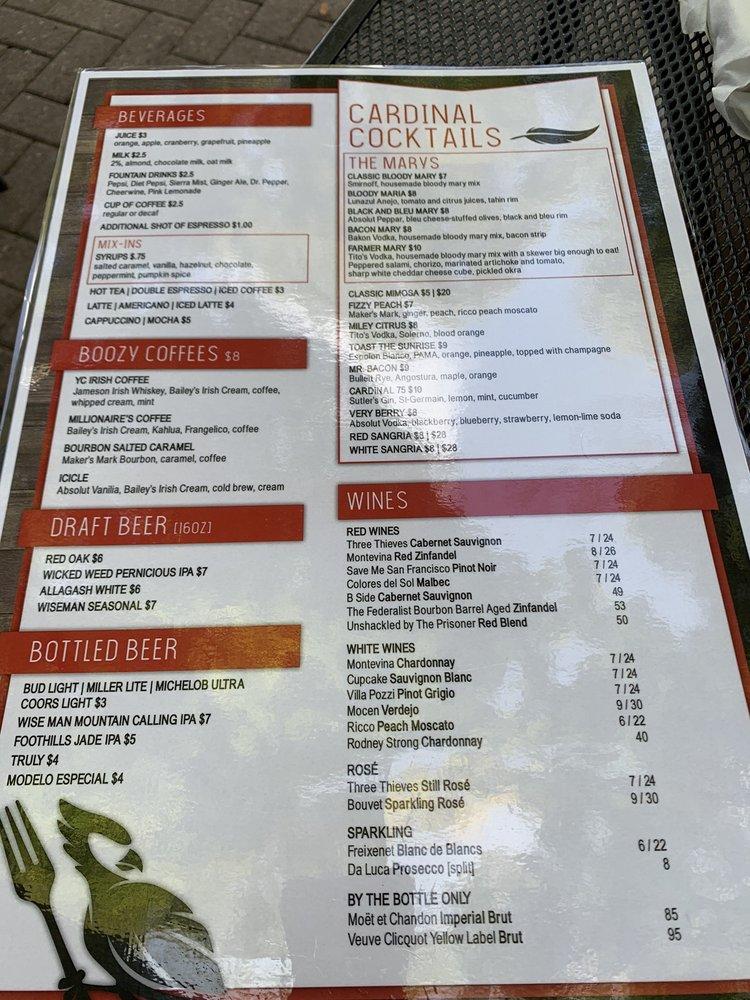 Menu at Young Cardinal Cafe and Co., Winston-Salem