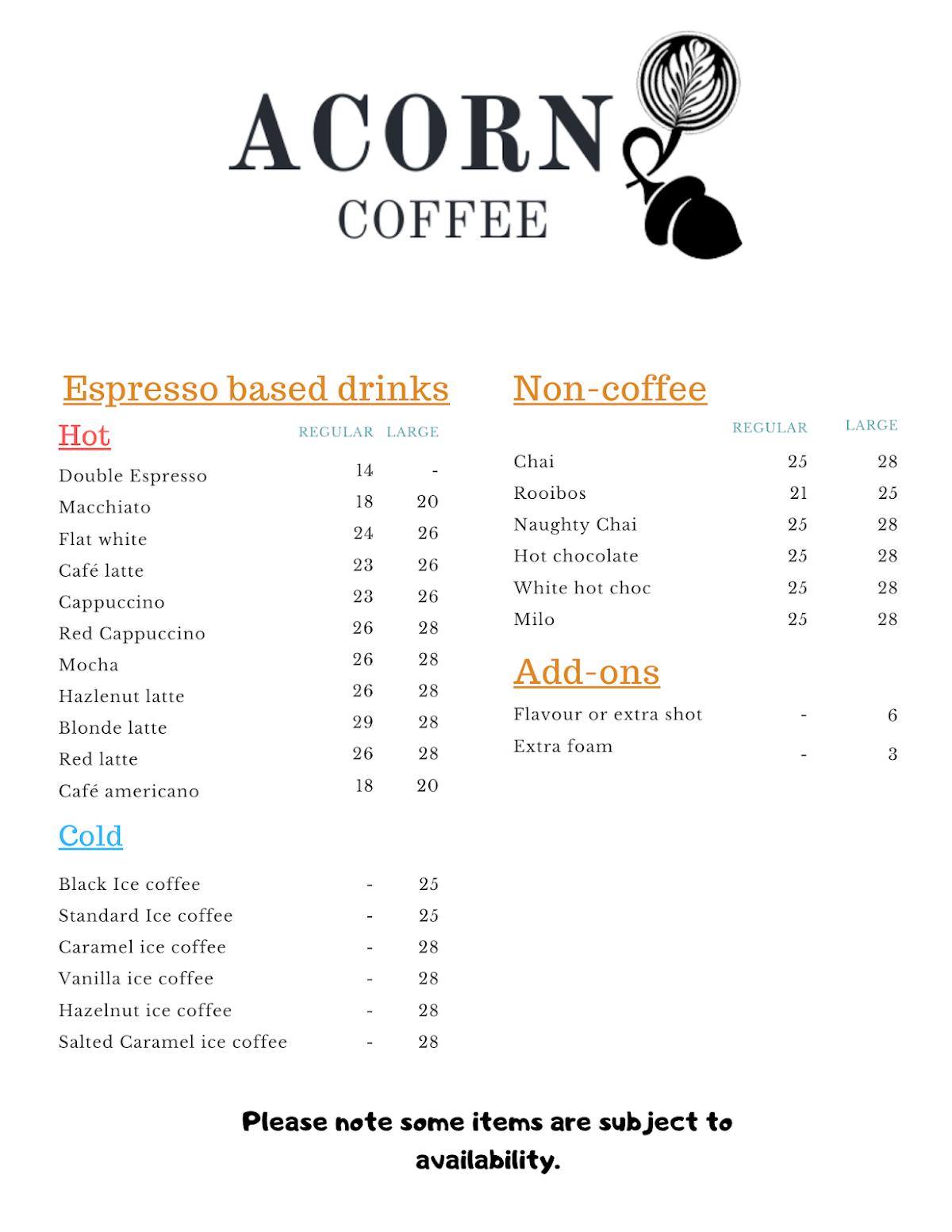 Menu at Acorn Coffee, Potchefstroom