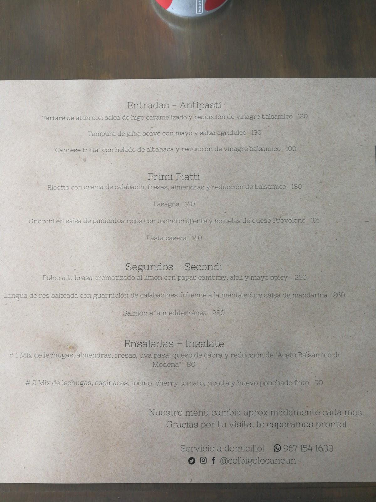 Menu at Col Bigolo Ristorante Pizzeria & Shop, Cancún