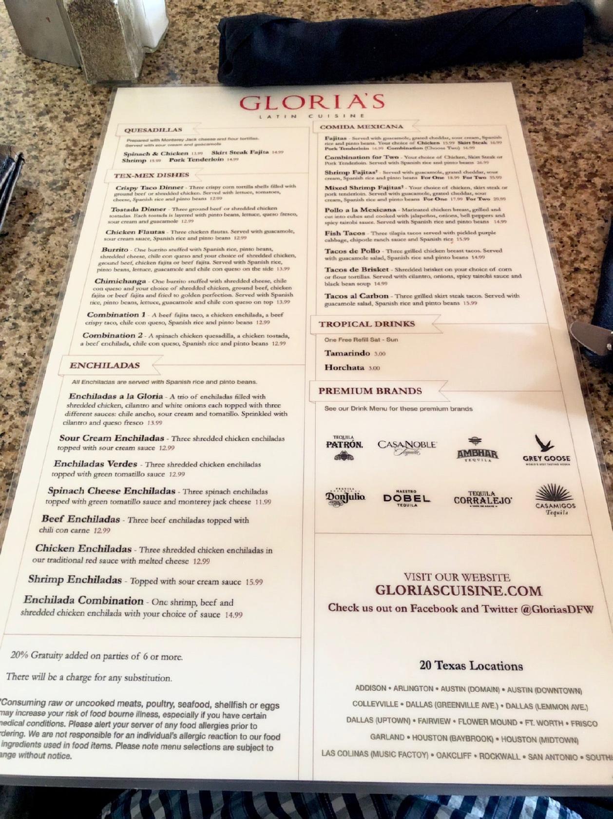 Menu at Gloria's Latin Cuisine restaurant, Rockwall