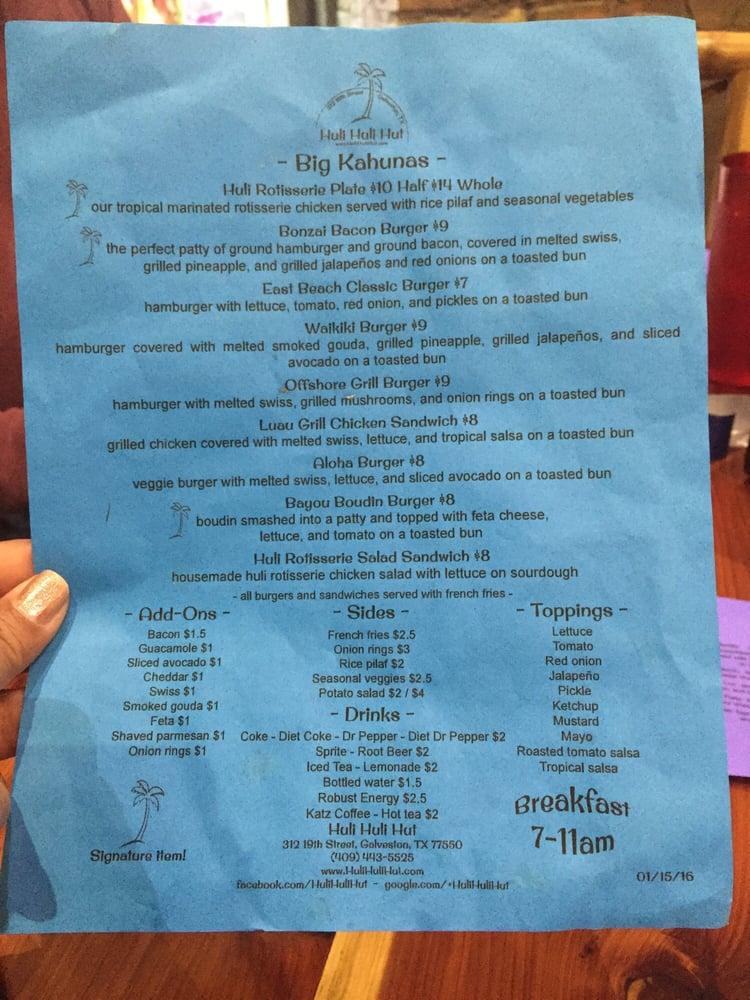 Menu at Huli Huli Hut restaurant, Galveston