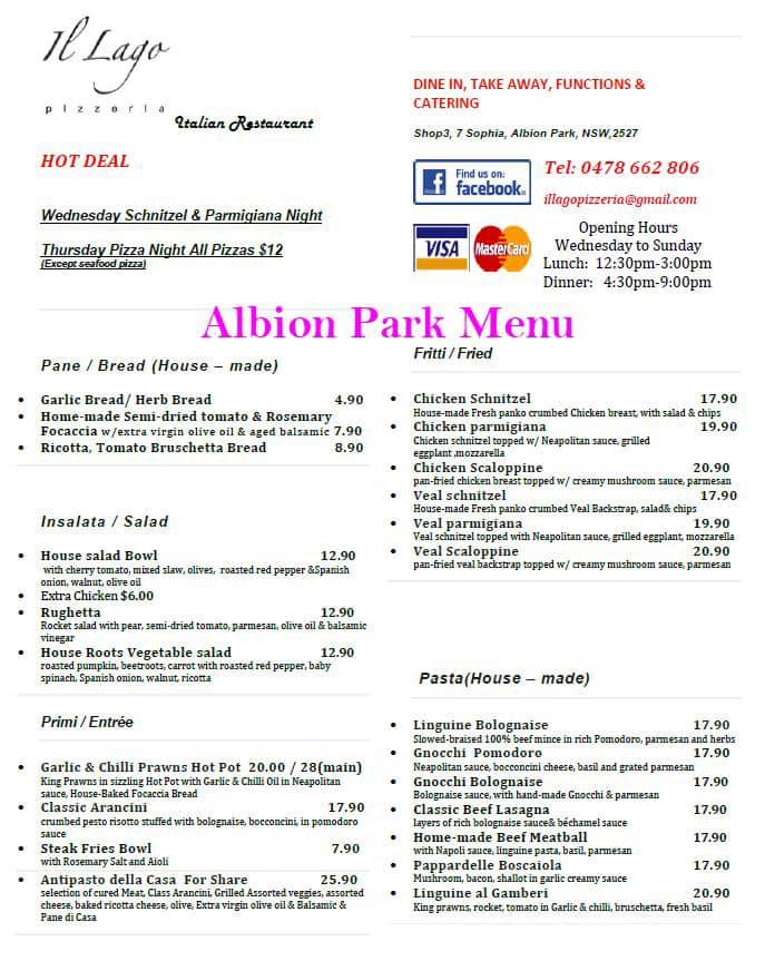 Menu at Il Lago Pizzeria, Albion Park