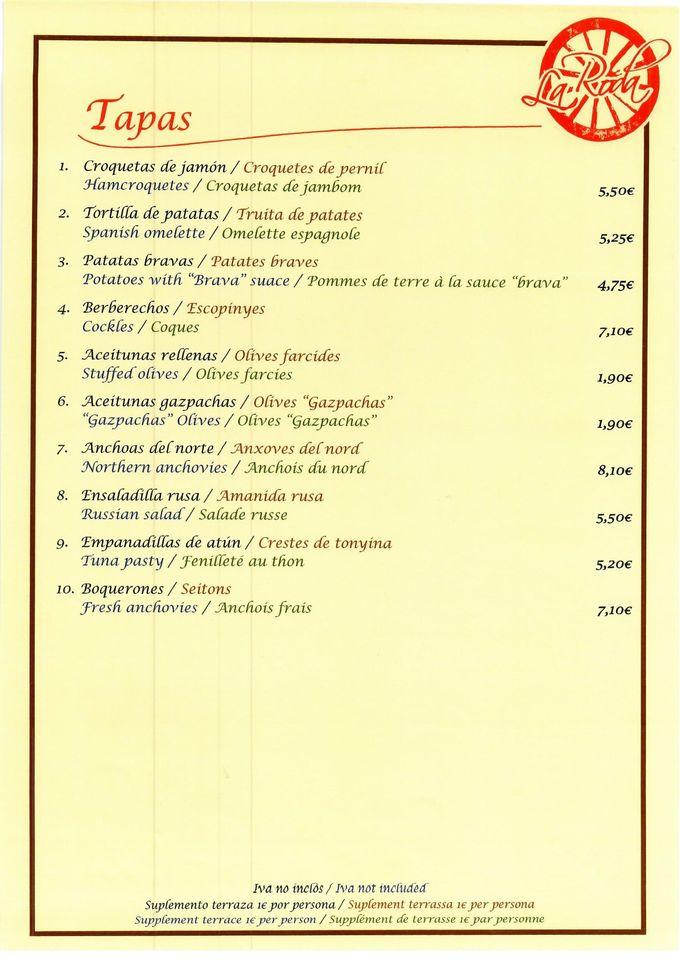 Menu at La Roda restaurant, Barcelona