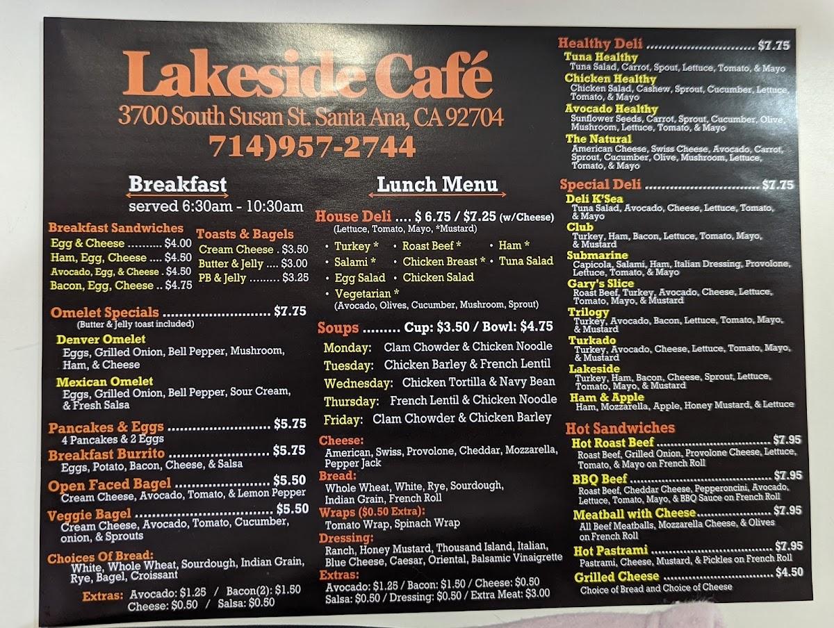 Menu at Lakeside Cafe, Santa Ana