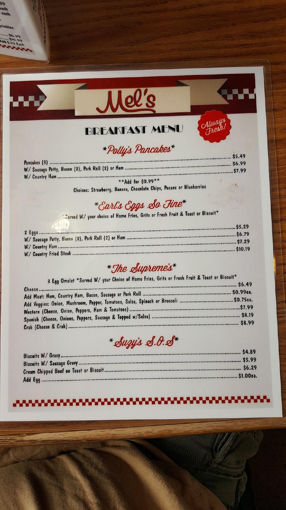 Menu at Mel's Diner restaurant, Grandy