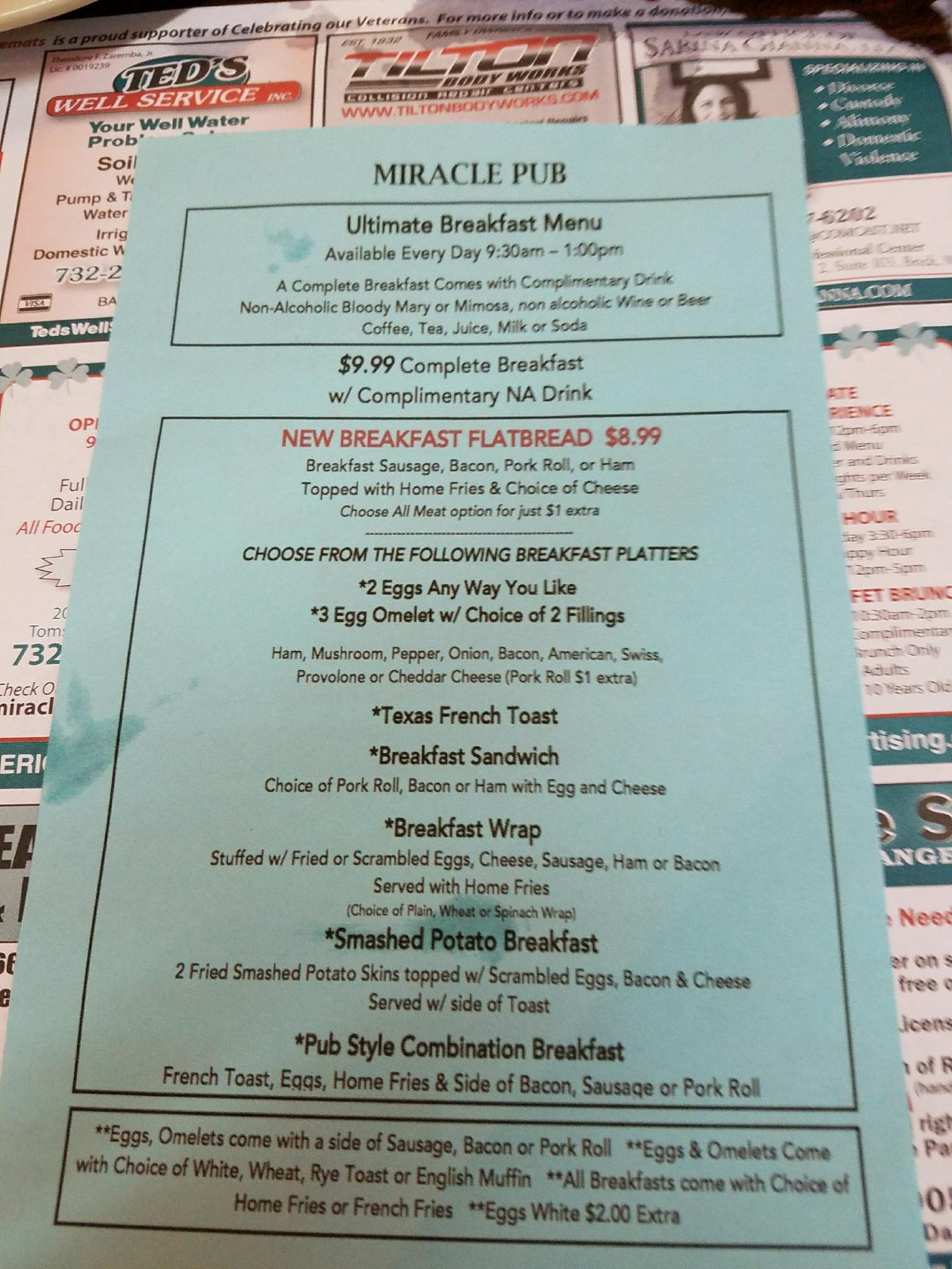 Menu at Miracle Pub, Toms River