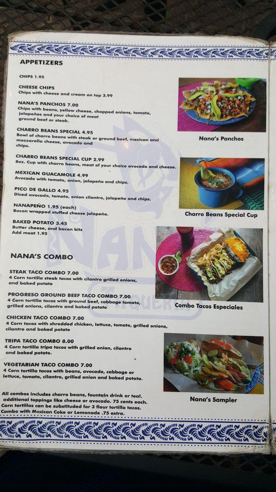 Menu at Nana's Taqueria restaurant, Weslaco, S International Blvd