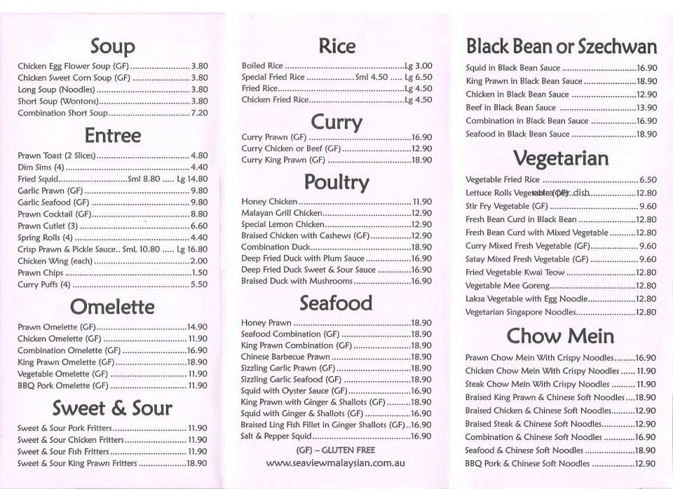 Menu at Seaview Malaysian restaurant, Redhead