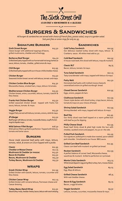 Menu at Sixth Street Grill restaurant, New Westminster
