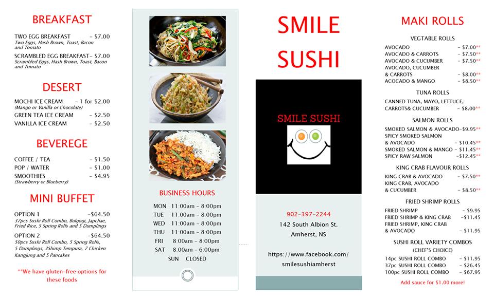 Menu at Smile Sushi restaurant, Amherst