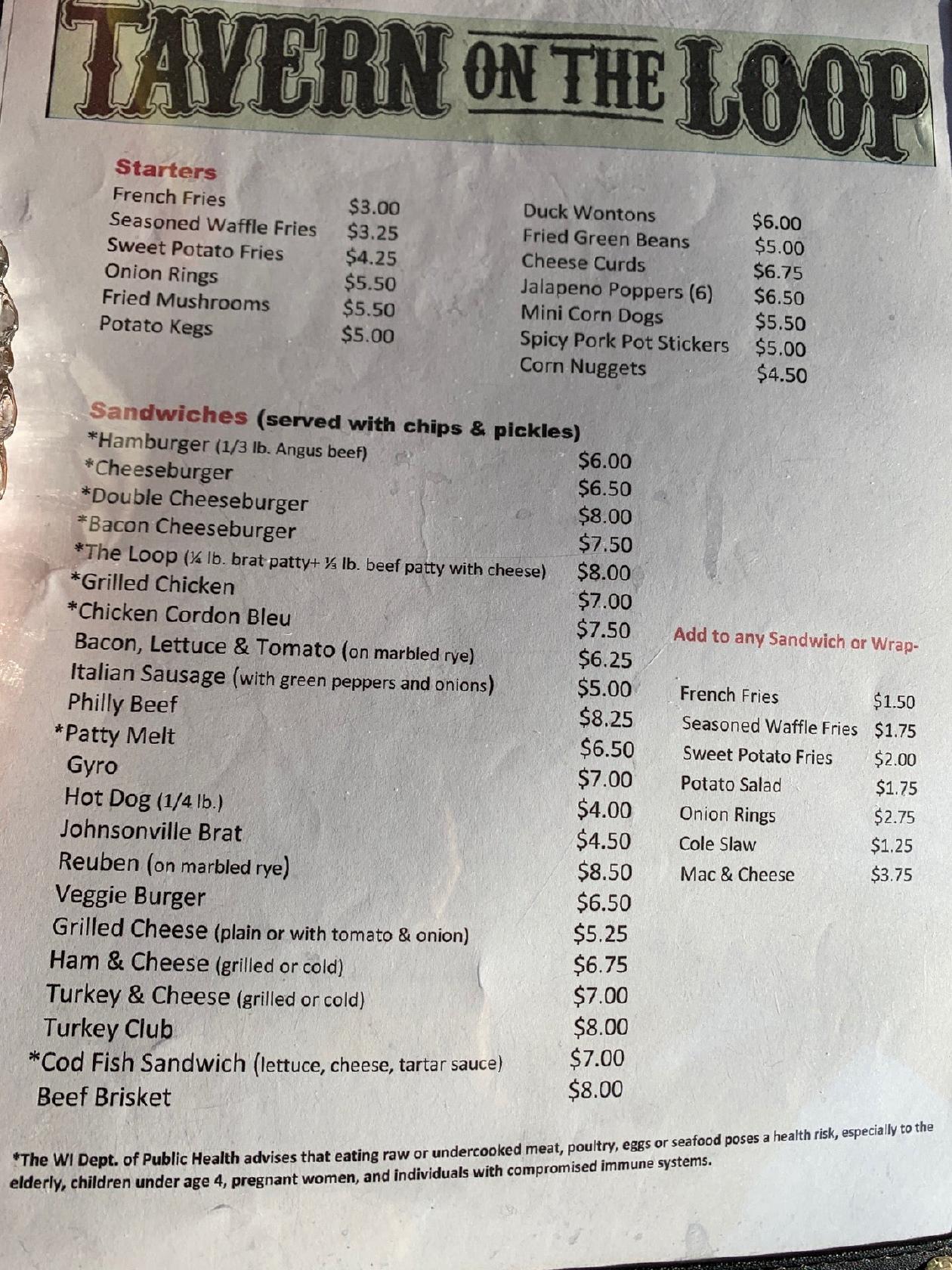Menu at Tavern on the Loop pub & bar, Three Lakes