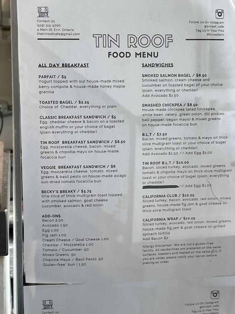 Menu at Tin Roof Cafe, Erin