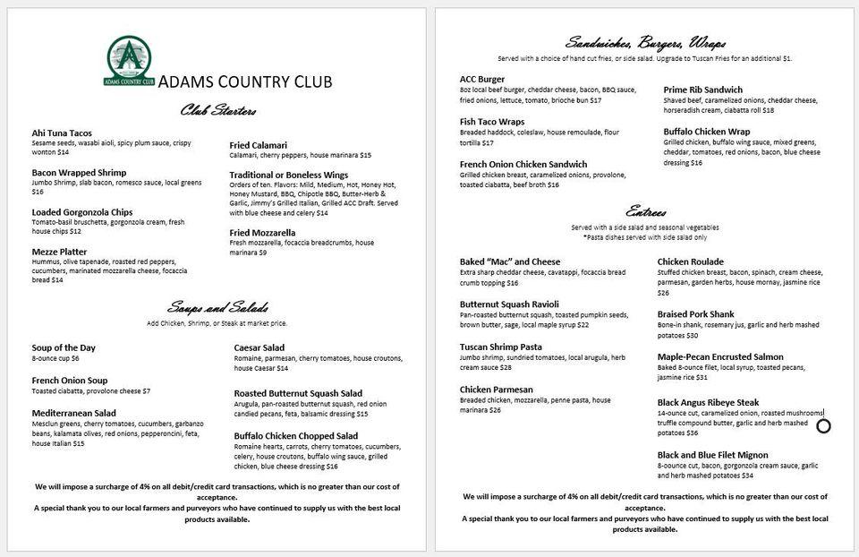 Menu at Adams Country Club, Adams, US-11