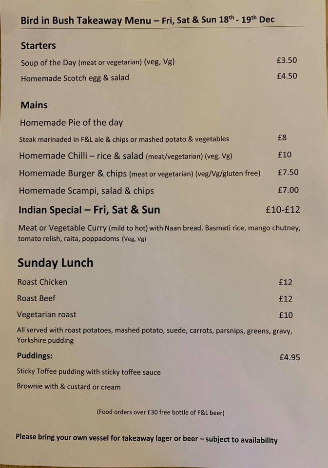 Menu at Bird in Bush Inn and Coffee Shop Elsdon Northumberland pub ...