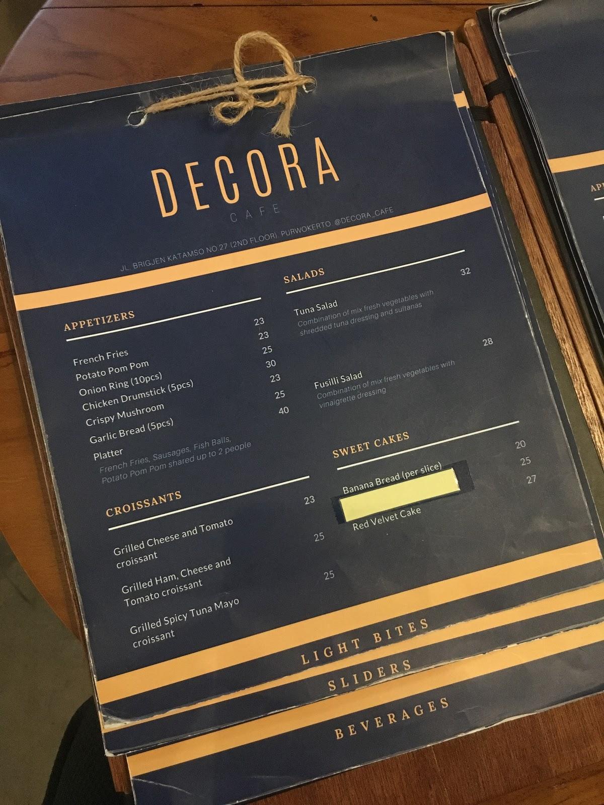 Menu at Decora Cafe, Purwokerto