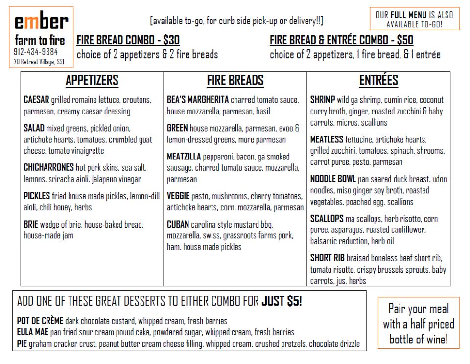 Menu at Ember pizzeria, Saint Simons Island