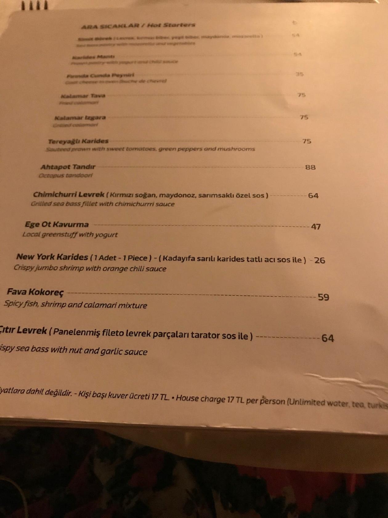 Menu at Fava Alacati, Alaçatı