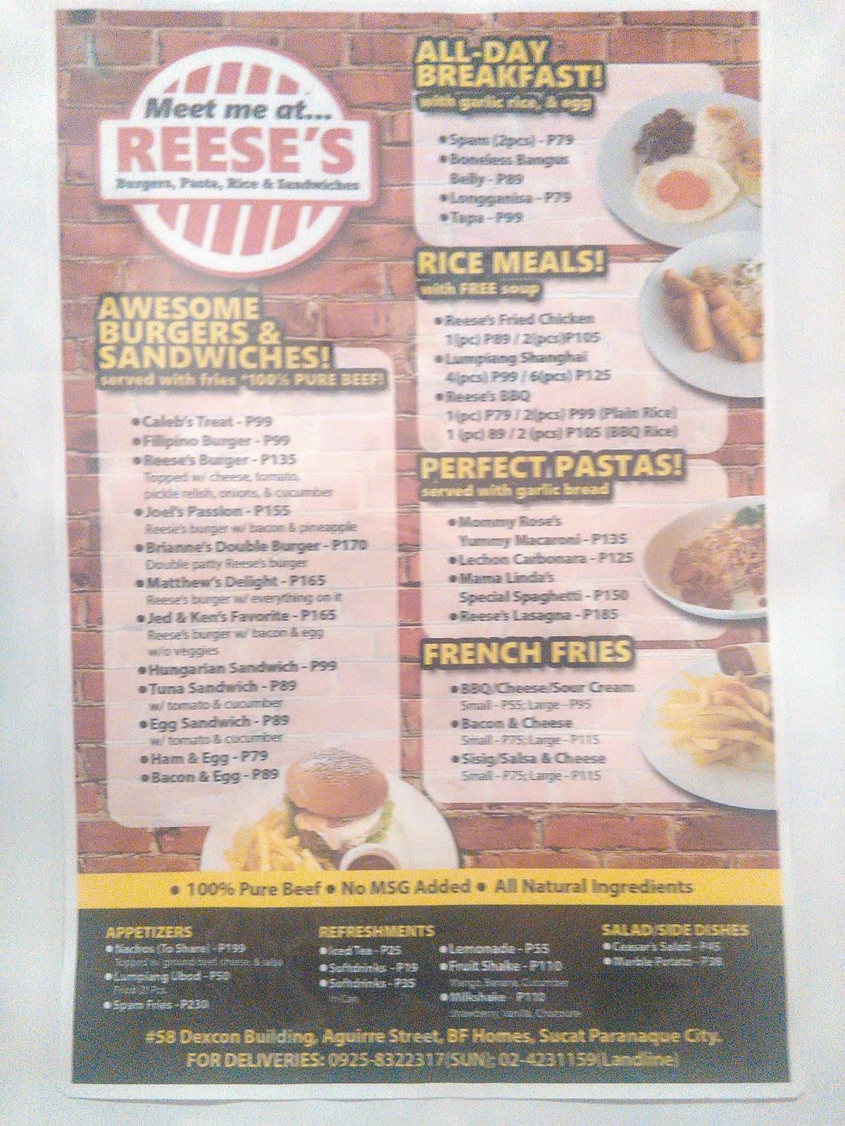 Menu at Meet me at...Reese's restaurant, Muntinlupa