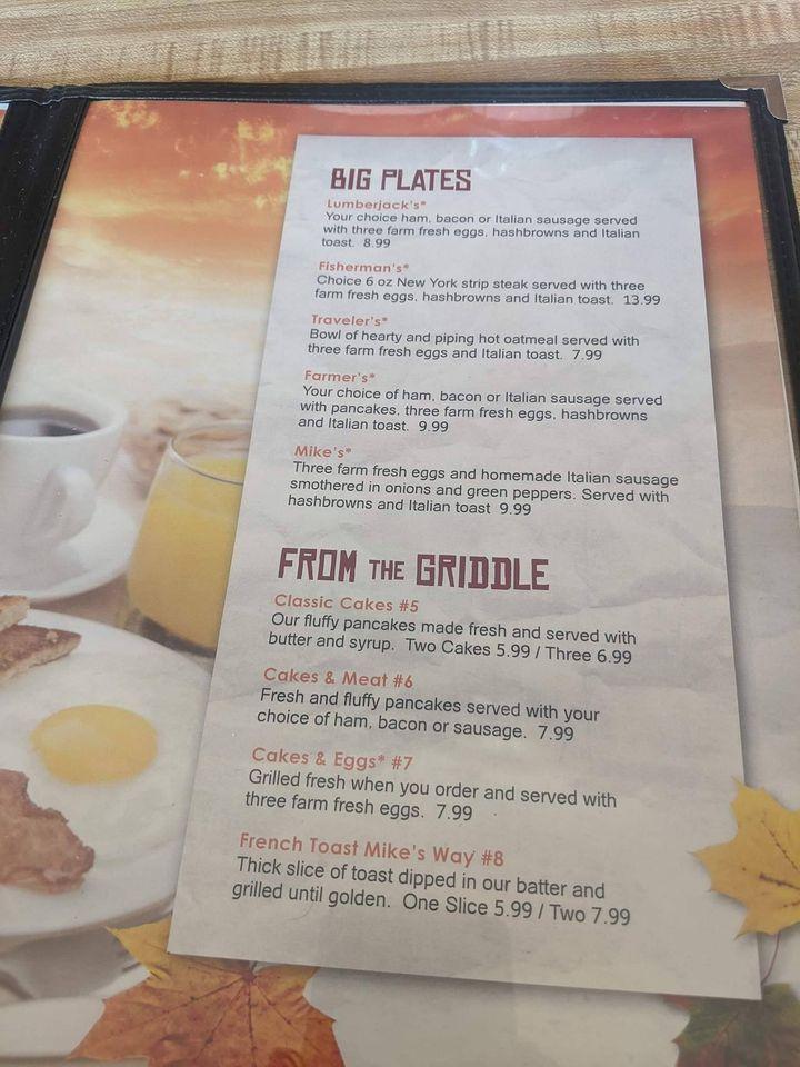 Menu at Mike's Restaurant, Ironwood