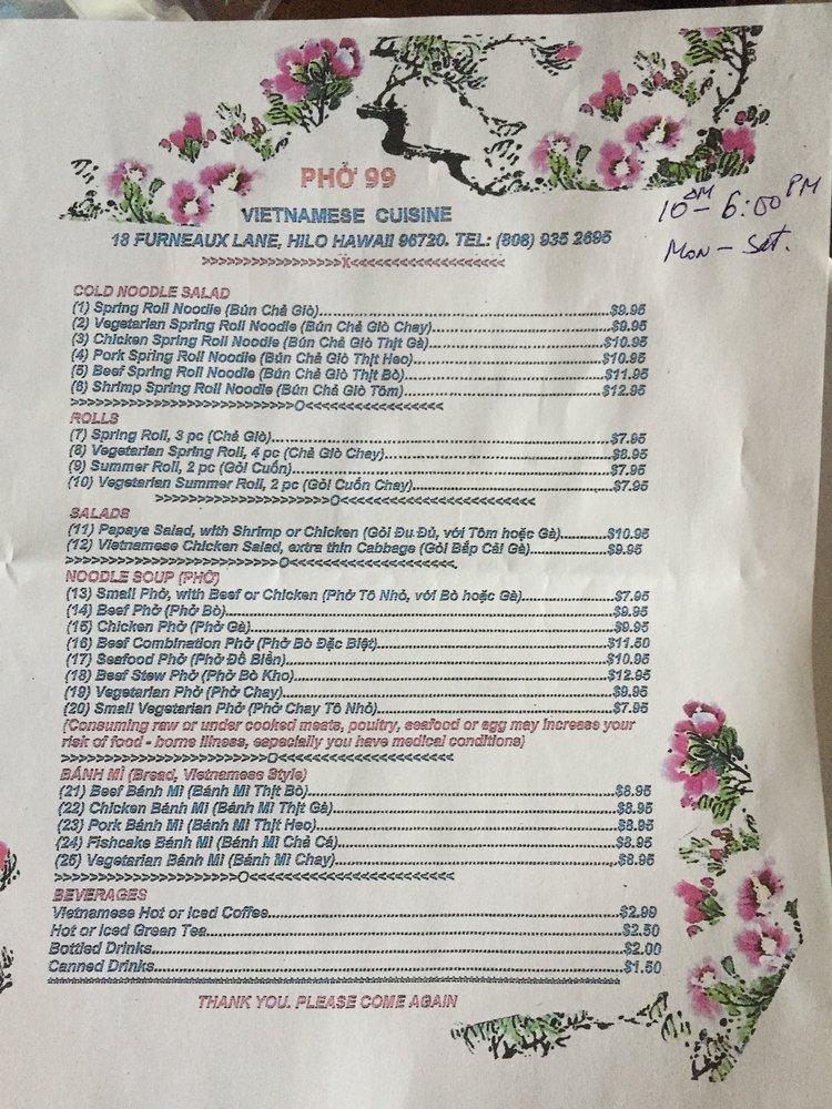 Menu at Pho 99 restaurant, Hilo