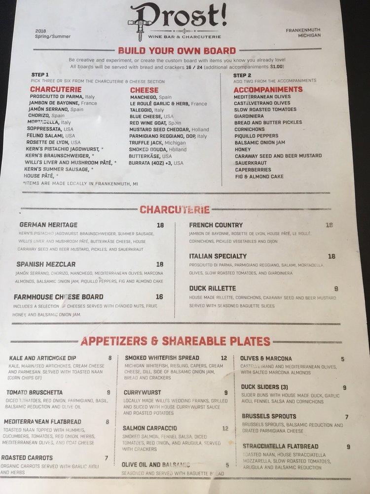Menu at Prost Wine Bar & Charcuterie, Frankenmuth