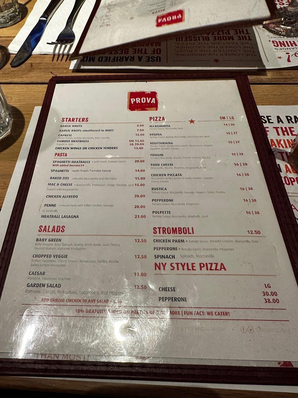 Menu at Prova Pizzabar, West New York, Grand Central Terminal