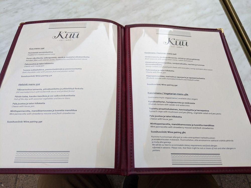 Menu at Restaurant Kuu, Helsinki, Töölönkatu 27