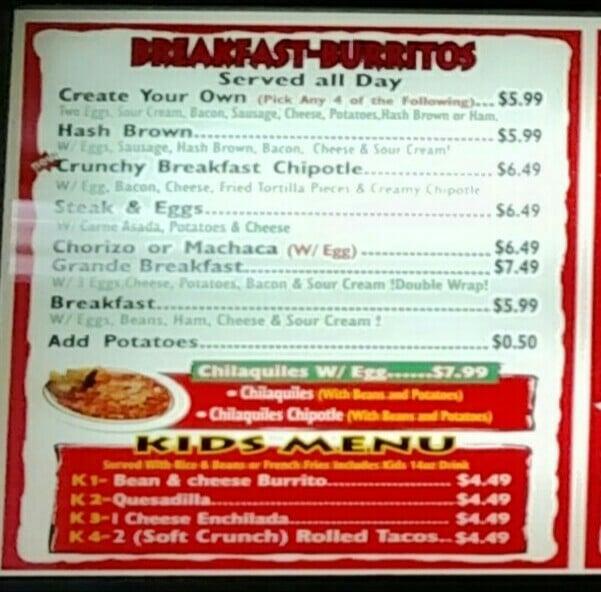 Menu at Señor Taco restaurant, Tempe
