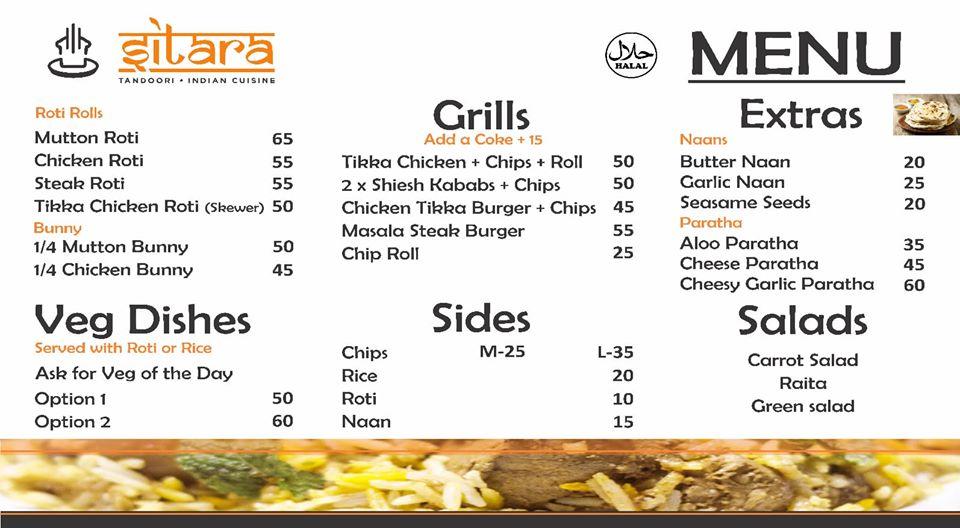 Menu at Sitara restaurant, Port Elizabeth, 00 Baywest Boulevard