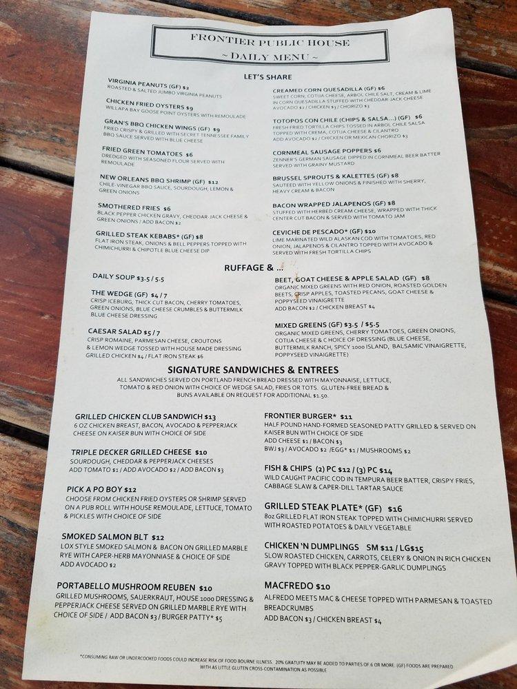 Menu at Frontier Public House, Vancouver