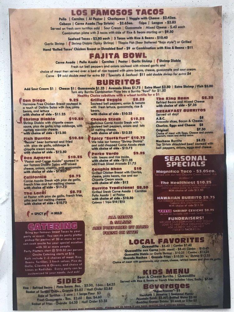 Menu at Los Tacos restaurant, Encinitas