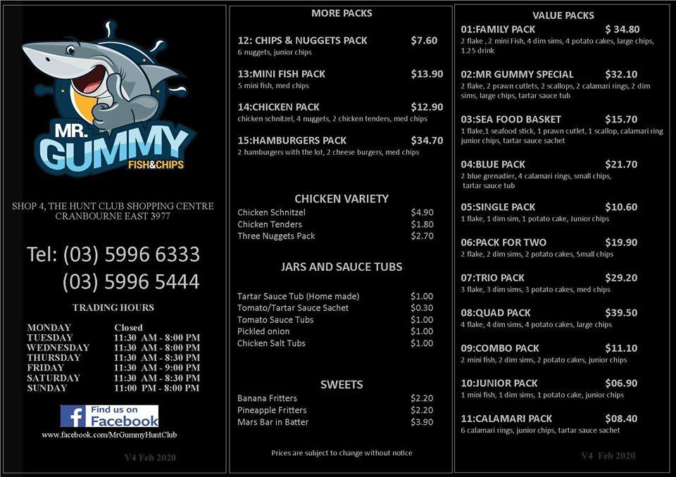 Menu at Mr Gummy fish & chips restaurant, Cranbourne East
